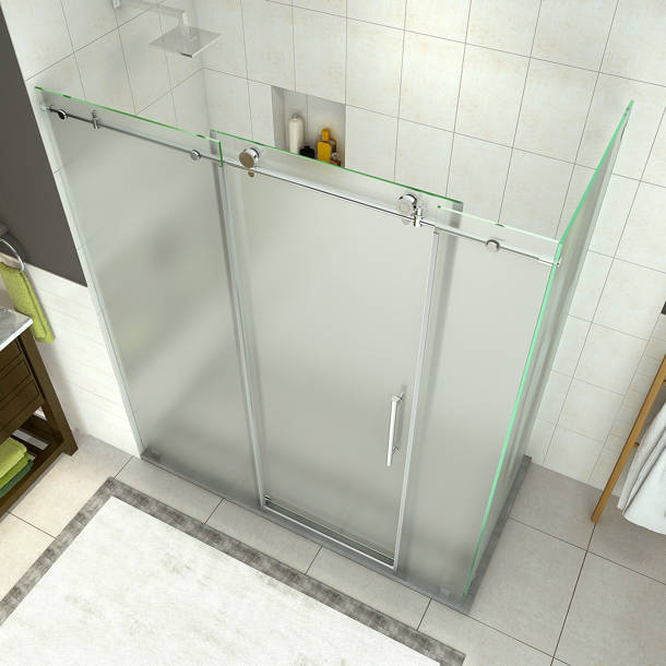 Aston Coraline 68" - 72" W x 33.875" D x 76" H Frameless Sliding Shower Enclosure w/ Frosted ...